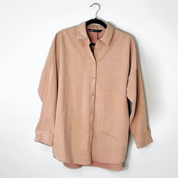 Zara | Tops | Zara Ribbed Oversized Light Pink Button Down Shirt Size S ...